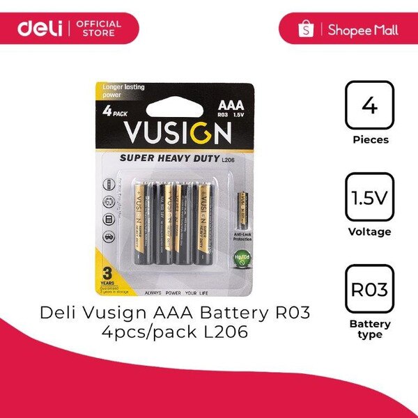DELI VUSIGN Super Heavy Duty Battery AAA 4/Pack 1.5V (L206)