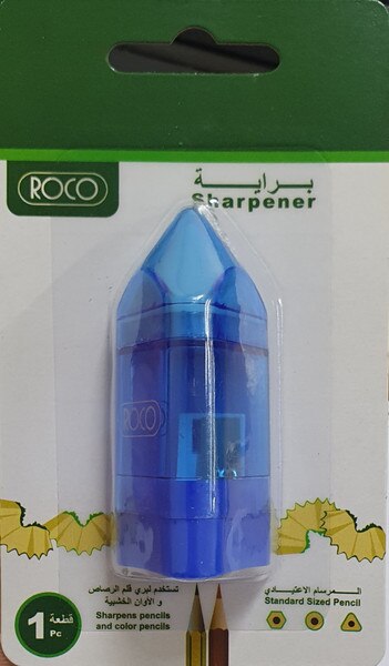 Roco Sharpener Pencil Shape With Eraser Single Hole Blue